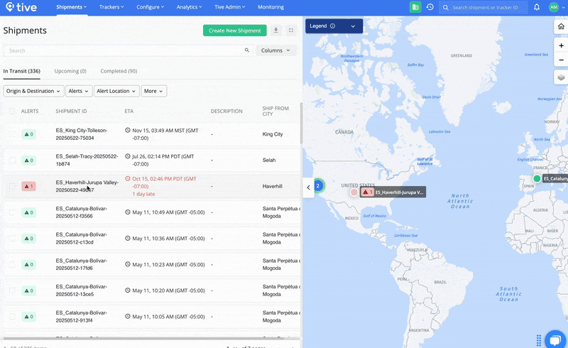 Shipment List and Map